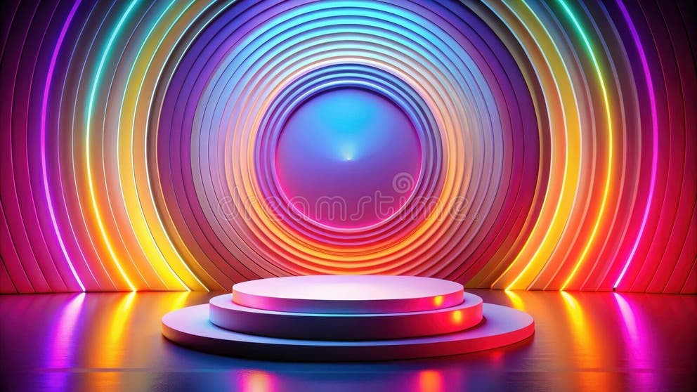 Abstract Neon Stage with Circular Backdrop and Illuminated Podium ...