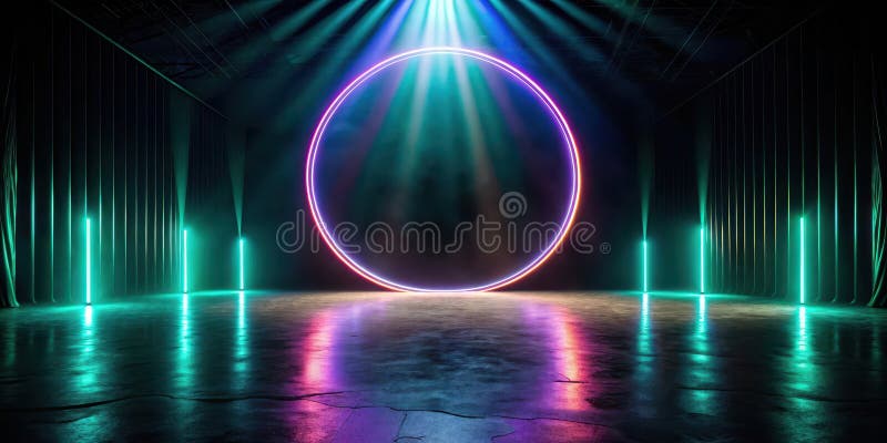 Abstract Neon Stage with Circular Light and Glowing Pillars. Generative ...