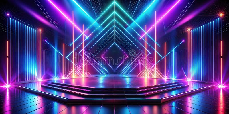 Abstract Neon Stage with Geometric Light Patterns and Elevated Platform ...