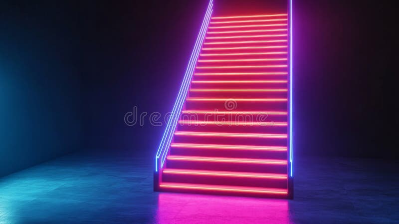 Abstract Neon Staircase with Bright Colors in Dark Environment Stock ...