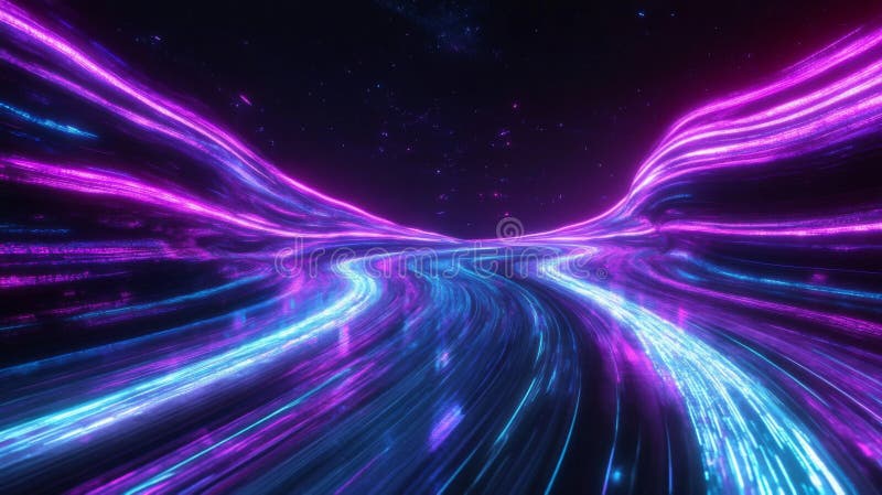 Abstract Neon Stream of Light in a Dark Landscape Stock Illustration ...