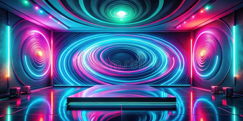 Abstract Neon Swirl Stage with Illuminated Platform and Reflective ...