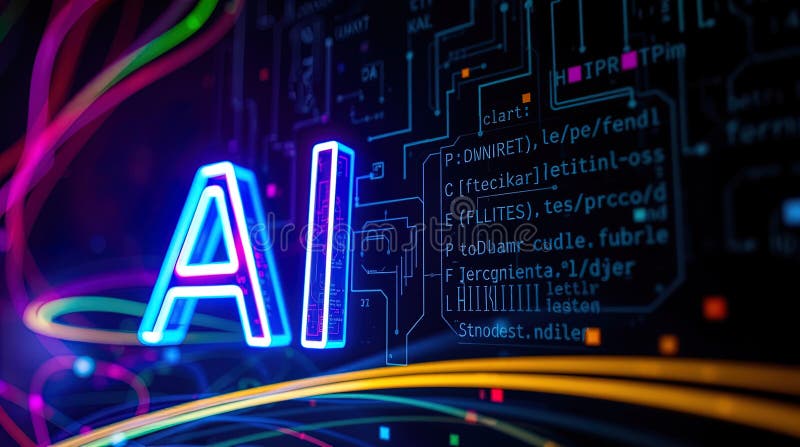 Abstract Neon Technology Background with AI Text and Programming Codes ...