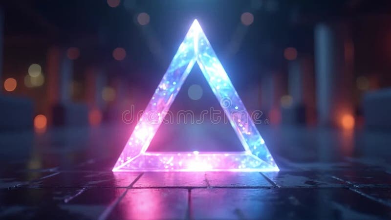 Abstract Neon Triangle Floating in Dark Space with Reflections on ...