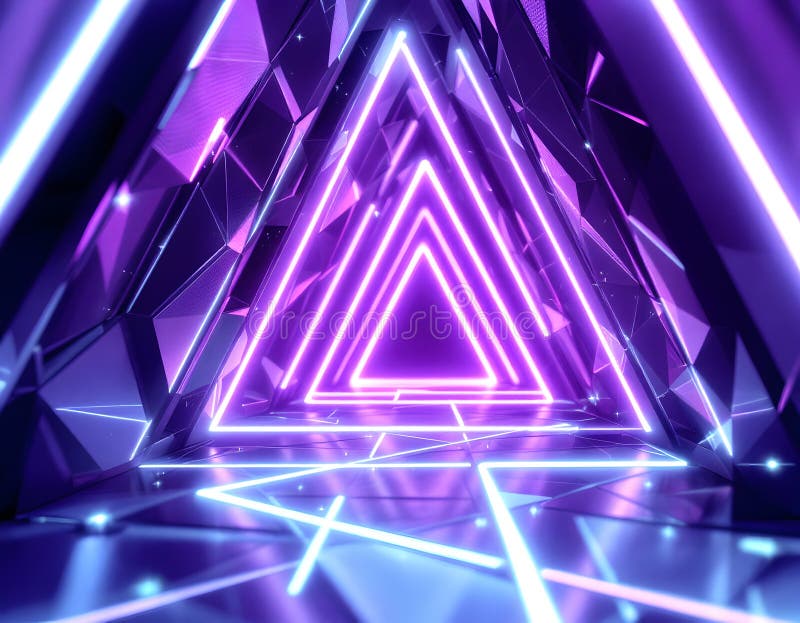 Abstract Neon Triangle Tunnel with Purple and Blue Glowing Lights Stock Illustration ...