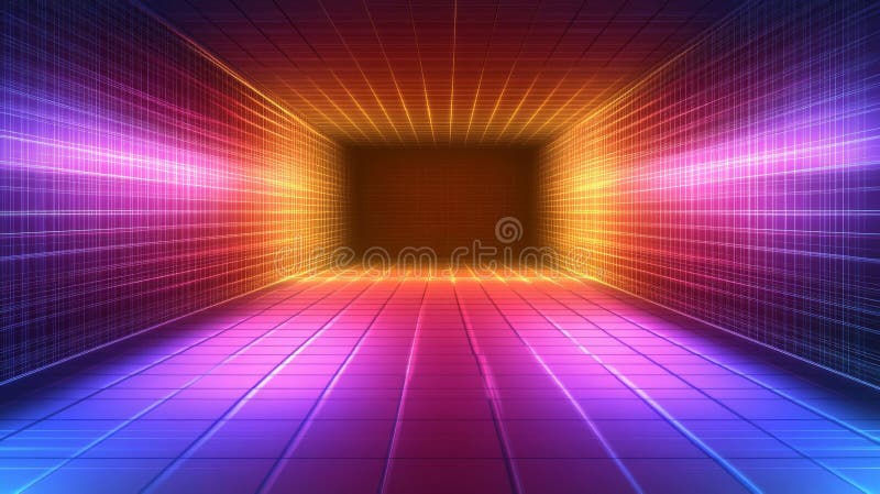 Abstract Neon Tunnel with Glowing Grid Pattern Stock Illustration ...