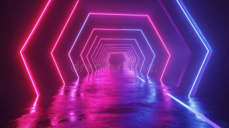 Abstract Neon Tunnel with Pink and Blue Glowing Hexagons Stock ...