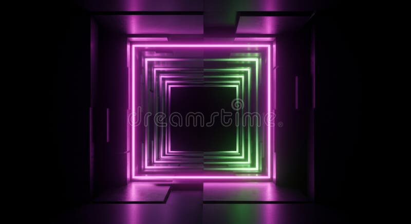 Abstract Neon Tunnel with Pink and Green Lights in Geometric Square ...