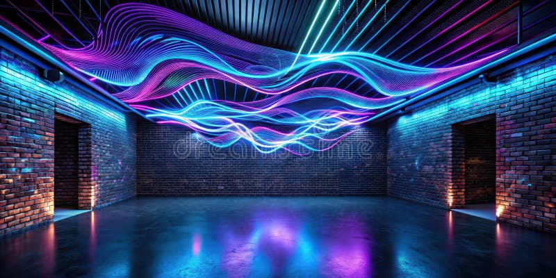 Abstract Neon Wave Installation in a Brick Room. Generative AI Stock ...