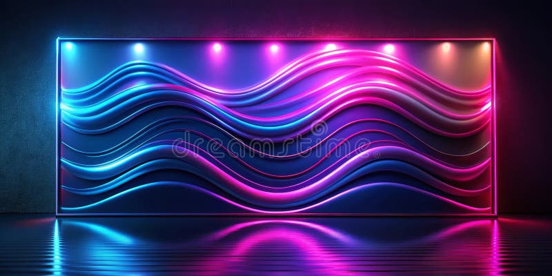 Abstract Neon Wave Wall Panel with Glowing Lights and Reflective Floor ...