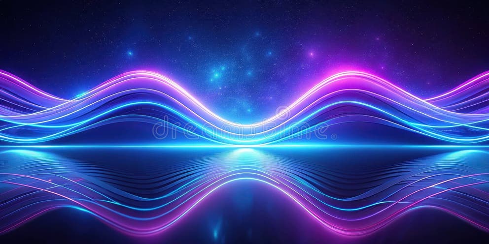 Abstract Neon Waveforms Reflecting on a Dark Surface Under a Starry Sky ...