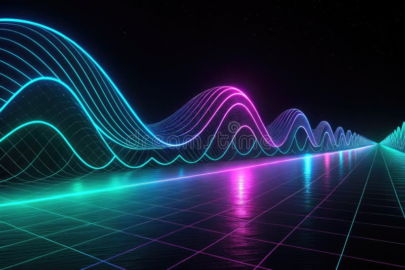 Abstract Neon Waves Cascade Over a Reflective Grid in a Futuristic Tech ...