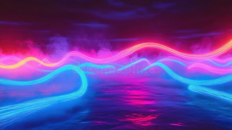 Abstract Neon Waves Create a Vibrant, Surreal Landscape with a Misty ...