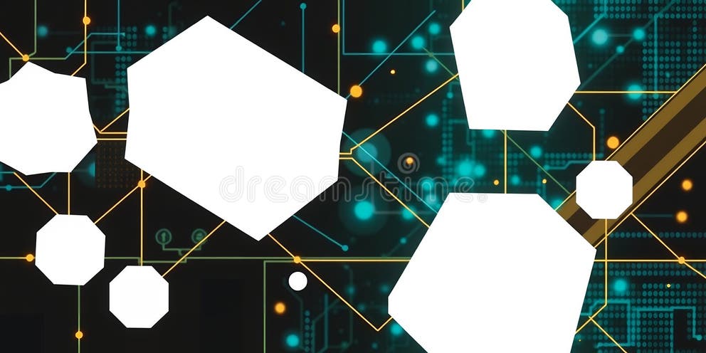 Abstract Network Background with White Octagons Glowing Lines and Dots ...