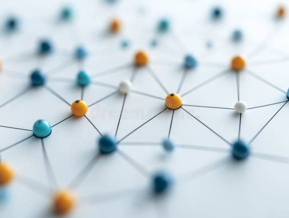 Abstract Network of Colored Nodes Connected by Thin Lines on White ...