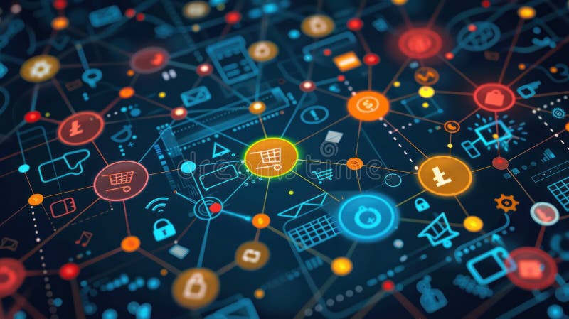Abstract Network of Connected Icons Symbolizing Online Shopping and E ...