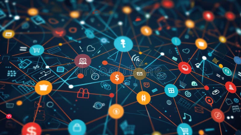 Abstract Network of Connected Icons Symbolizing Online Shopping and E ...