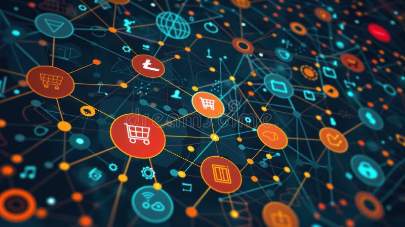 Abstract Network of Connected Icons Symbolizing Online Shopping and E ...