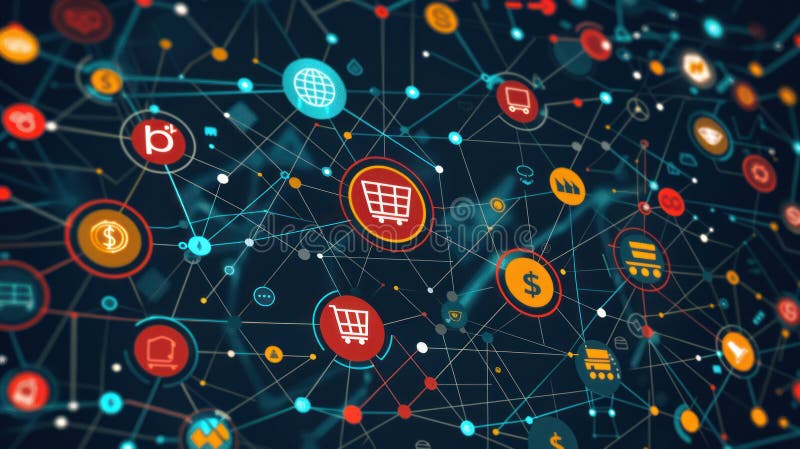 Abstract Network of Connected Icons Symbolizing Online Shopping and E ...