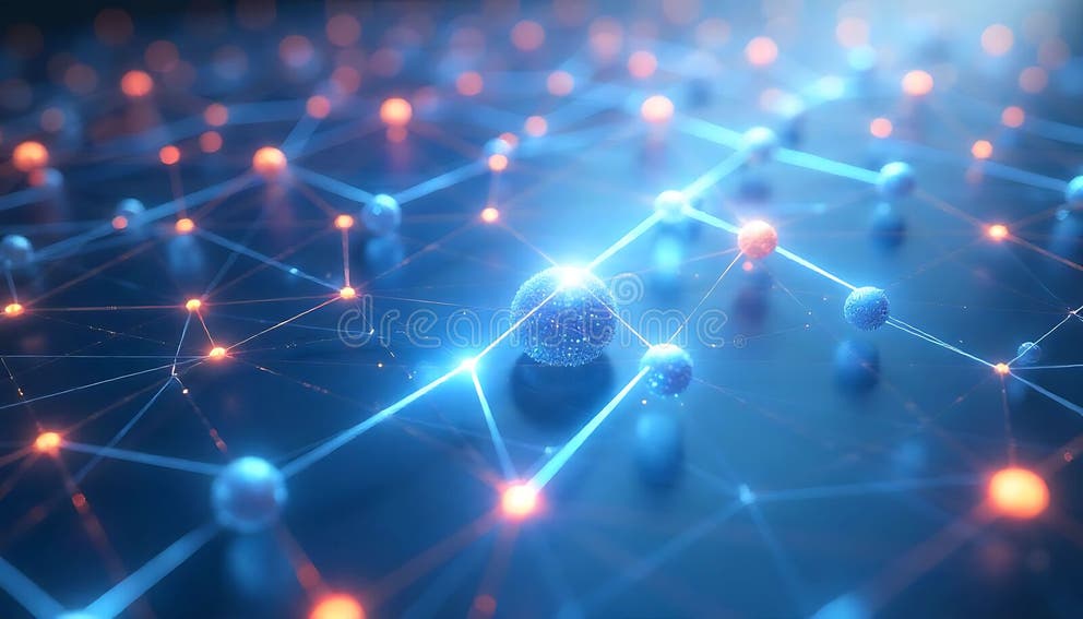 Abstract Network of Connected Spheres with Glowing Nodes on a Blue ...