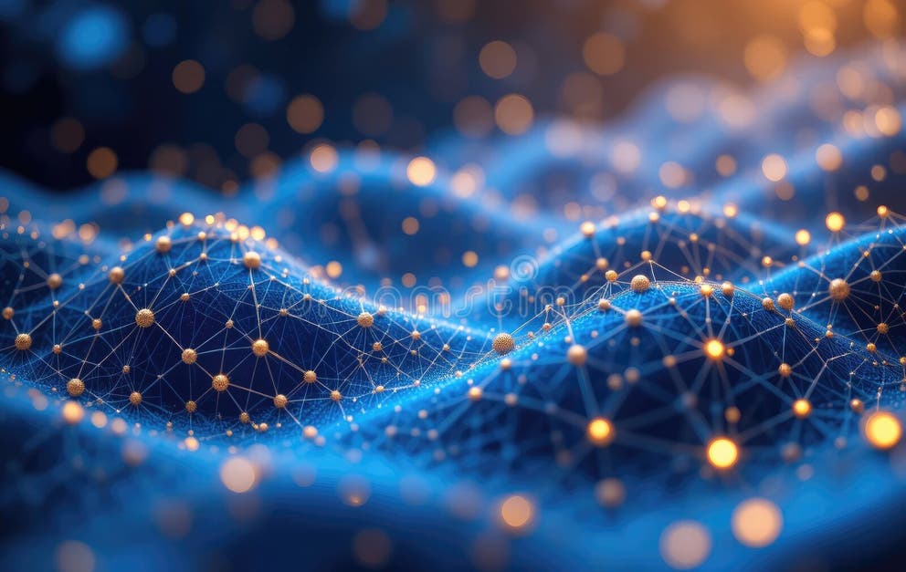 Abstract Network Connecting Dots, Blue Waves and Golden Glowing Nodes Stock Illustration ...