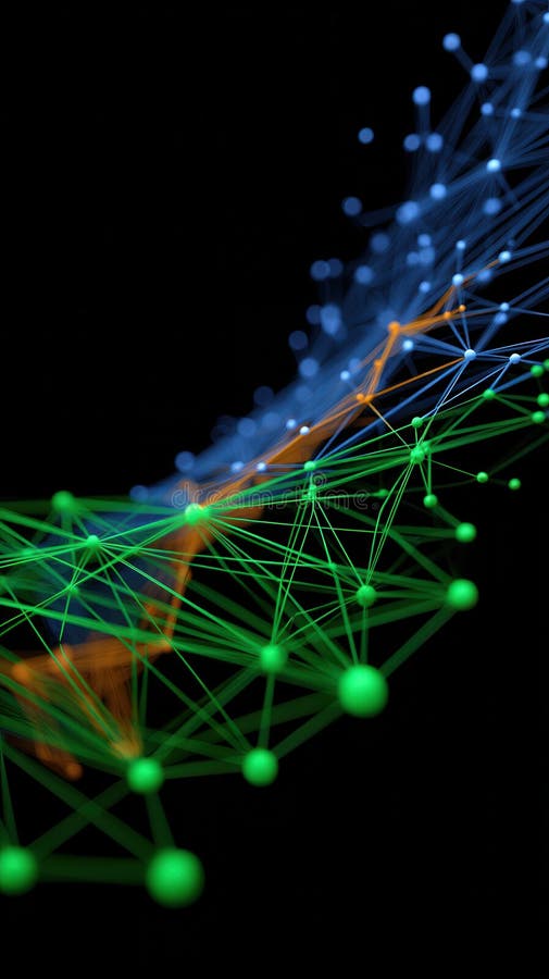 Abstract Network Connection with Green Blue and Orange Nodes in a Dark ...