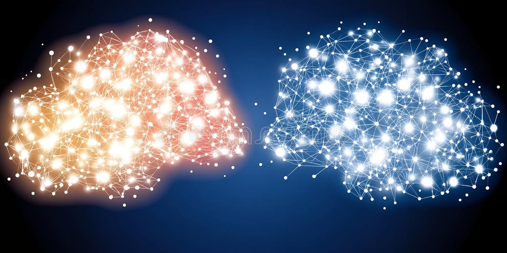 Abstract Network Connection Two Brains Communicating Digital Synapses Data Flow Neural Network ...