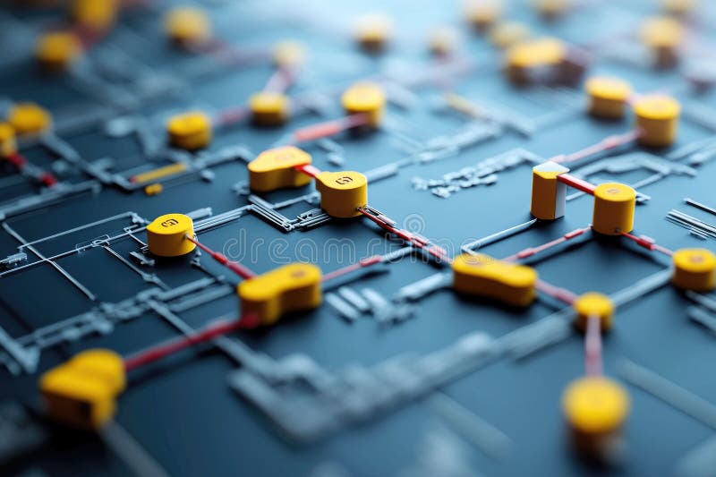 Abstract Network Connection with Yellow Nodes and Red Lines on Dark ...