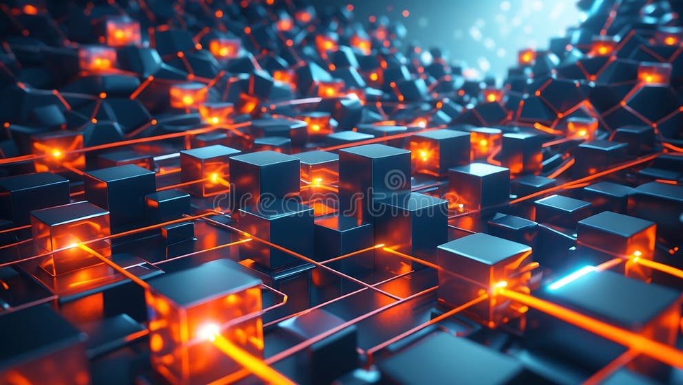 Abstract Network Digital Cubes Glowing Orange Blue Technology ...