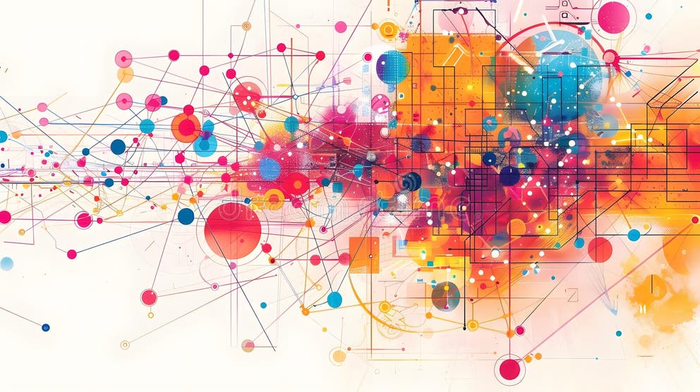 Abstract Network Exploring Connections And Intersections Of Colorful Nodes And Lines In A