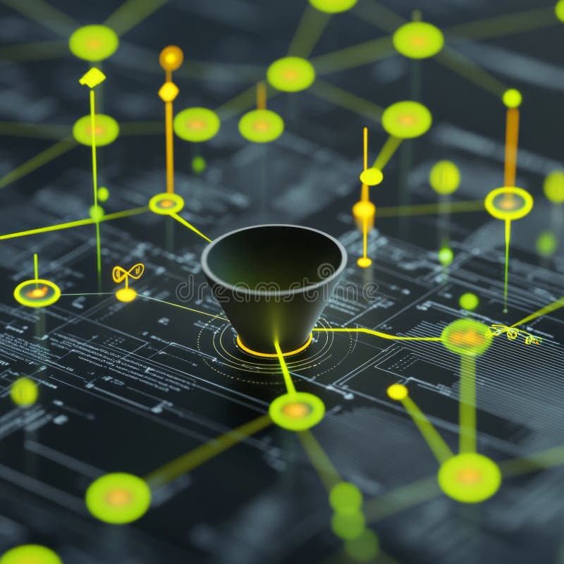 Abstract Network Funnel on Circuitry Background with Green Connections ...