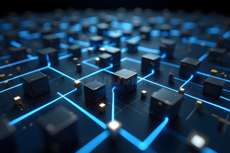Abstract Network of Glowing Blue Lines Connecting Dark Cubes on a Dark ...