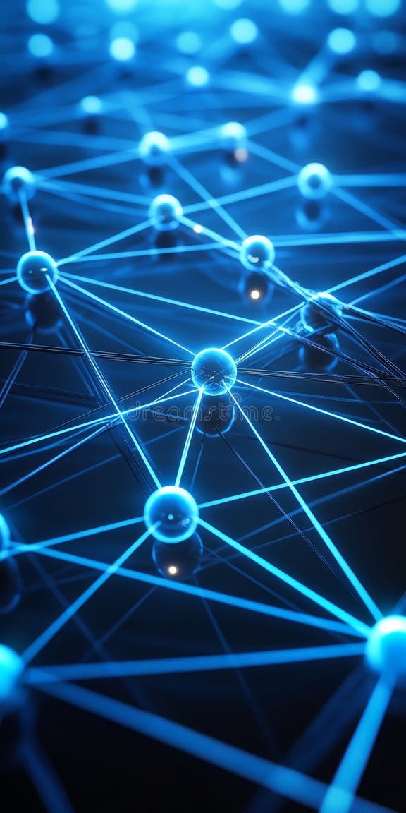 Abstract Network of Glowing Blue Orbs, Interconnected by Radiant Lines, Visualizing Data ...