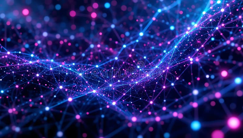 Abstract Network: Glowing Blue and Pink Nodes in a Dynamic, Wavy Design ...