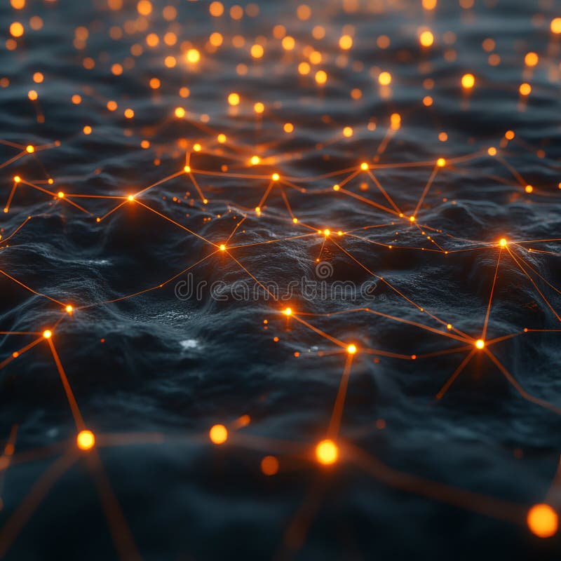 Abstract Network of Glowing Nodes in Dark Water Surface Visualization Stock Illustration ...