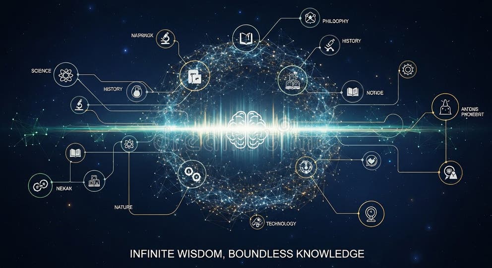 Abstract Network of Knowledge and Wisdom Connecting Science, History, Technology, and Philosophy ...