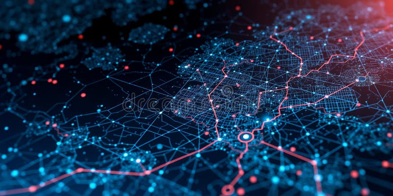 Abstract Network Map with Blue Nodes and Red Lines Connecting Them on a ...