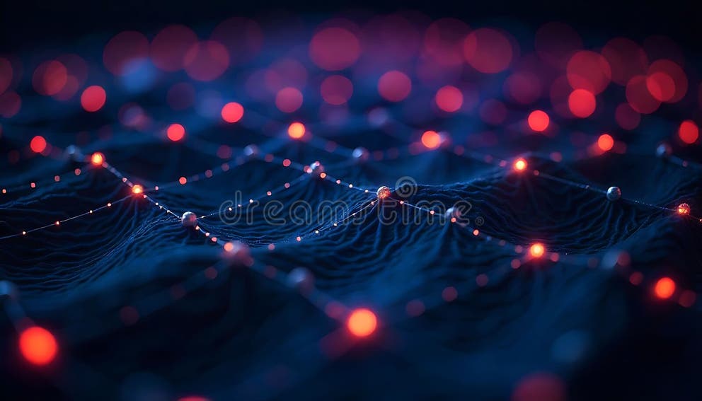 Abstract Network with Red Glowing Nodes and Blue Wavy Surface in a Dark ...
