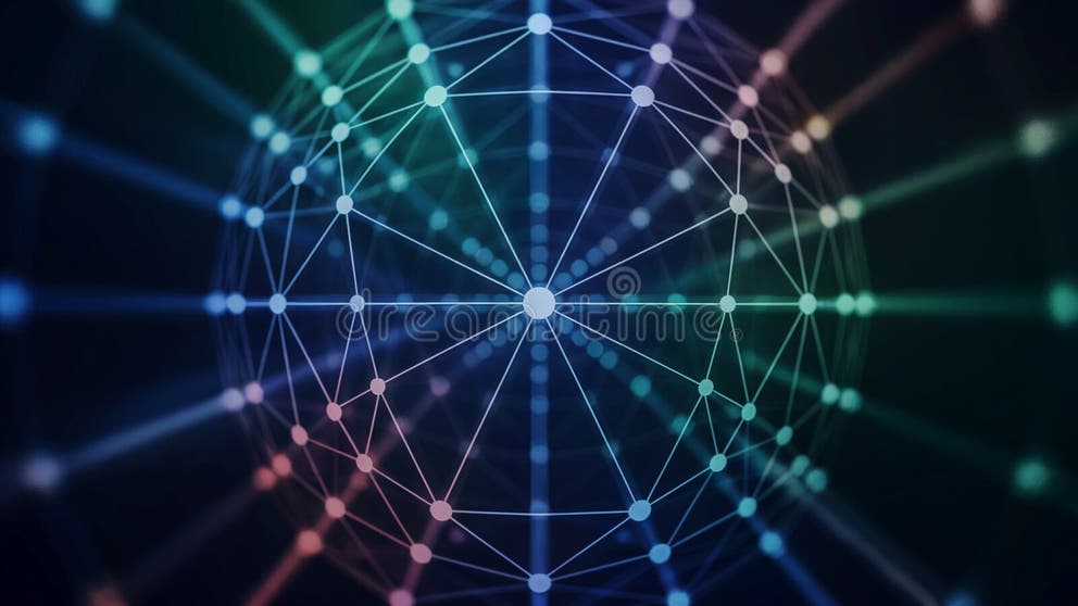 Abstract Network Sphere with Connected Nodes and Colorful Light Rays ...
