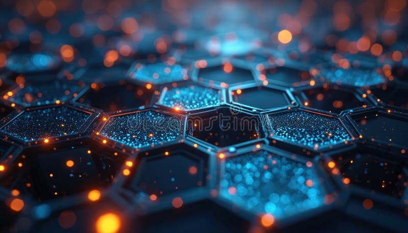 Abstract Network Structure Featuring Blue, Orange Glowing Hexagons. Digital Connection Pattern ...