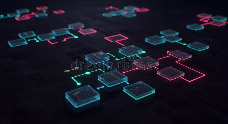 Abstract Network Visualization: Neon Cubes and Interconnected Pathways Representing Data Flow ...