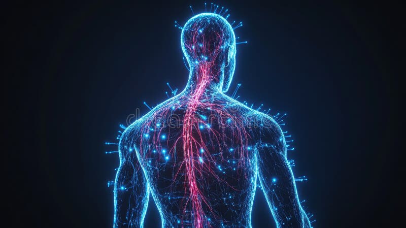 Abstract Neural Connections in Glowing Blue and Red, Back View Stock ...