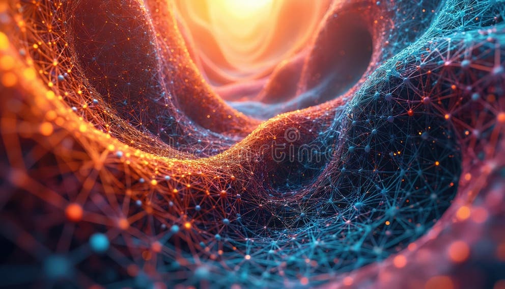 Abstract Neural Network Connects Glowing Points in a Dynamic, Futuristic Tunnel. Digital Data ...