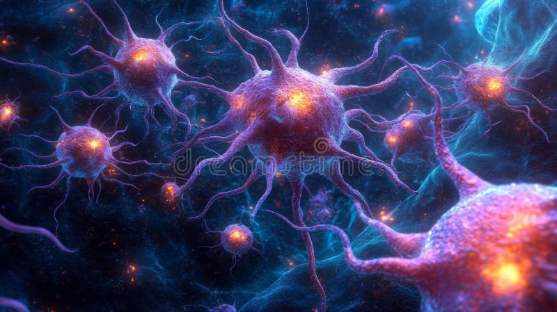 Abstract Neural Network of Interconnected Neurons with Purple and Blue ...