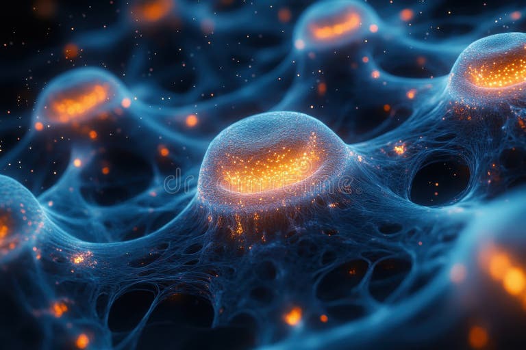 Abstract Neural Webs Of Interconnected Synapse Nodes With Glowing Pathways Dynamic Branching