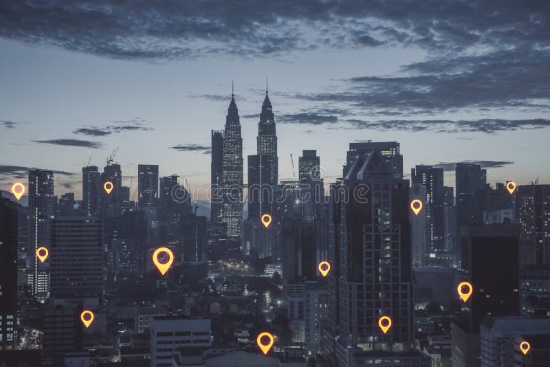 Abstract City Background with Glowing Location Marks. Smart City and ...