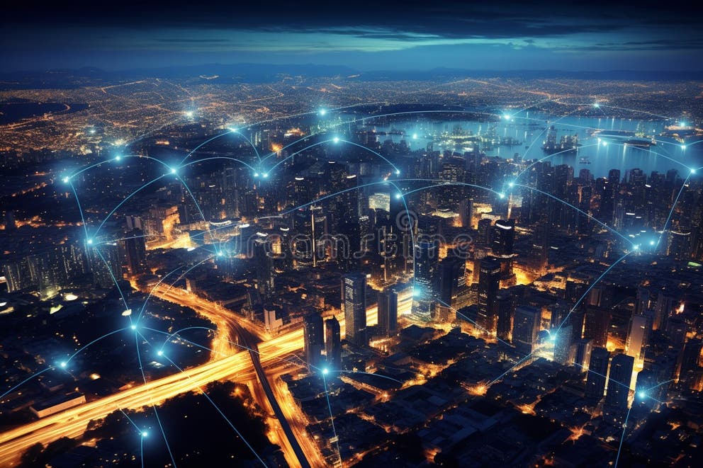 Abstract Night City with Lights and Connection Lines. 3D Rendering ...