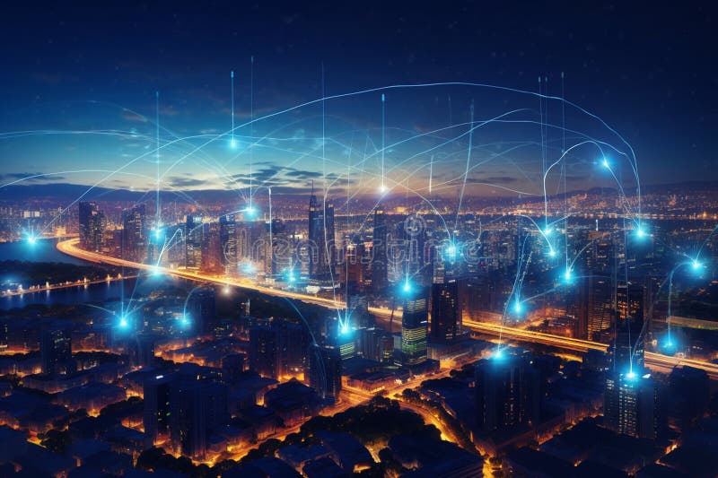 Abstract Night City with Lights and Connection Lines. 3D Rendering ...