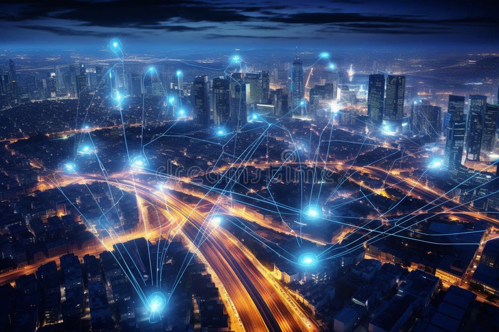 Abstract Night City with Lights and Connection Lines. 3D Rendering ...