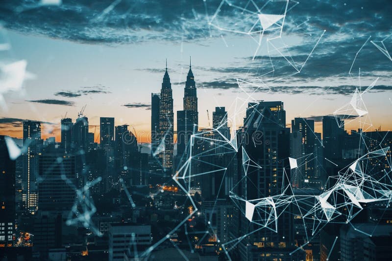 Abstract Night City with Polygonal Mesh Stock Photo - Image of business ...